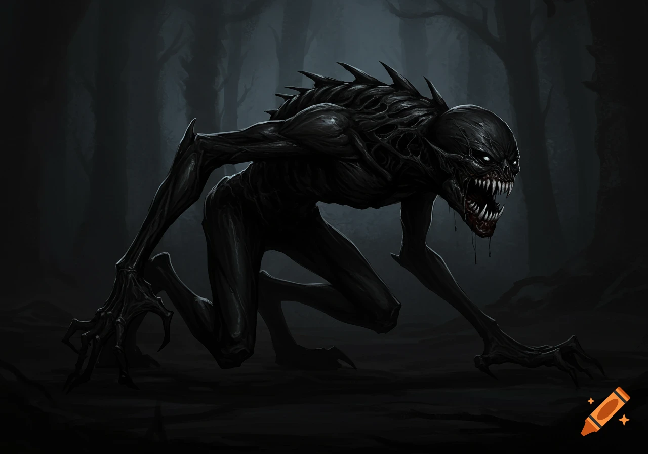 Dark, monstrous creature with sharp teeth and claws stalks in a dark ...