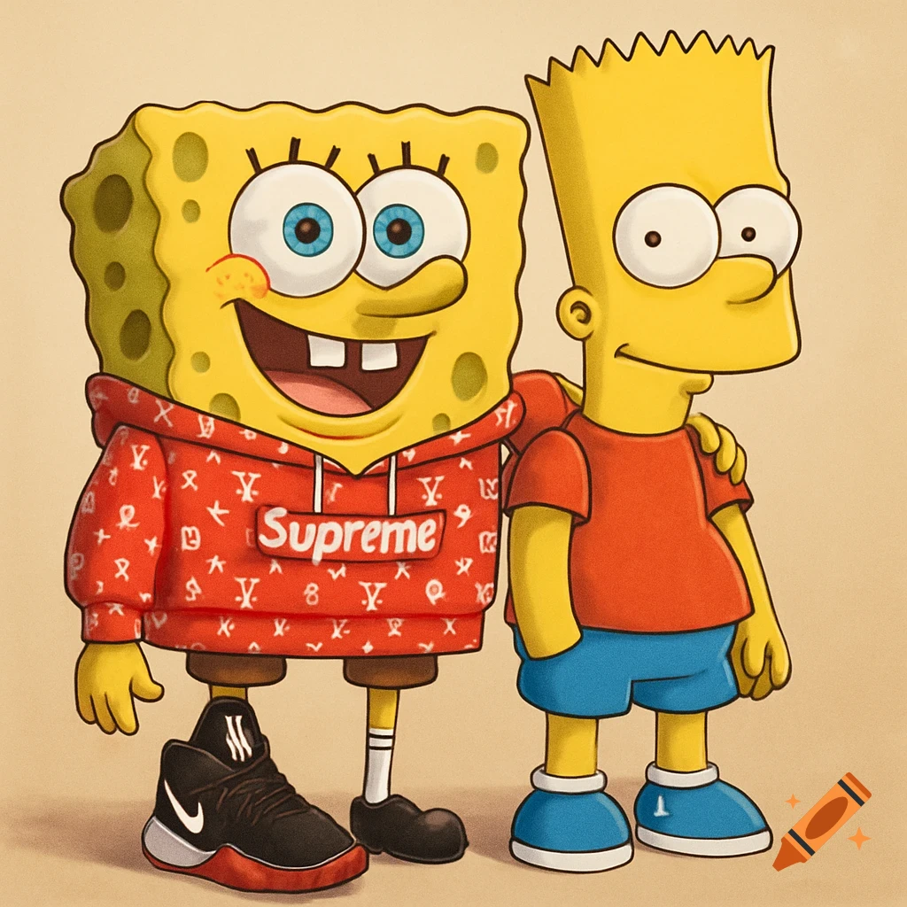Cartoon illustration of Spongebob Squarepants in a red Supreme hoodie ...
