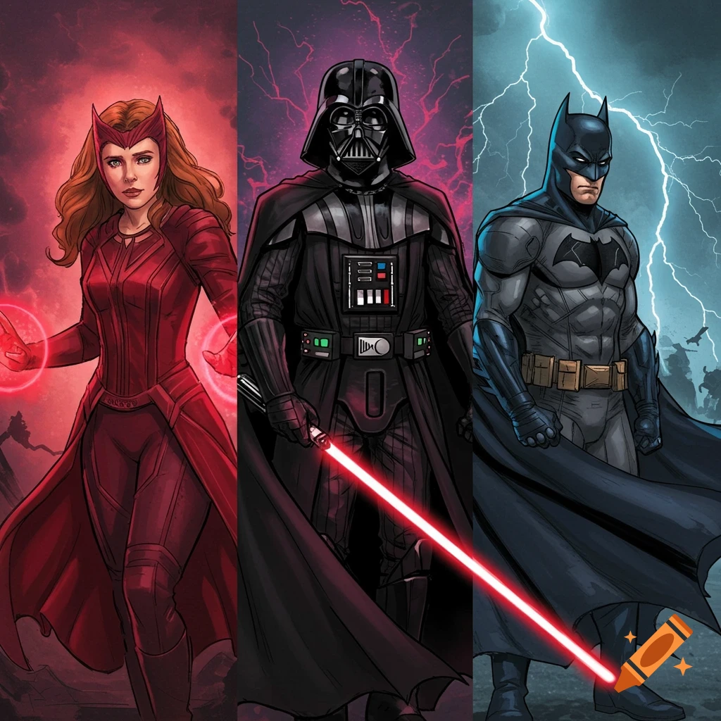 Comic art showing Scarlet Witch, Darth Vader, and Batman standing side ...