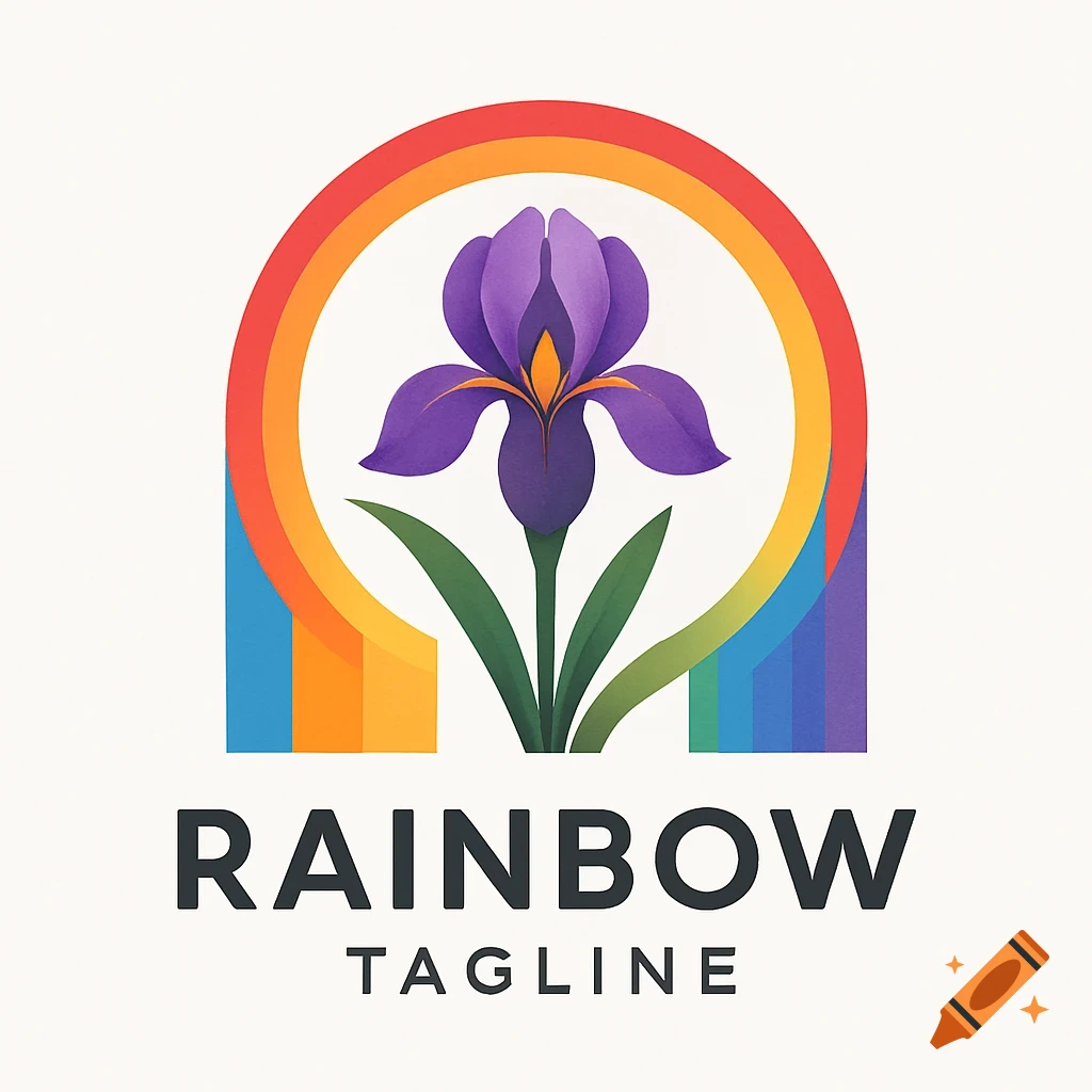 Logo with purple iris in rainbow arch, text reads 'RAINBOW TAGLINE'. on ...