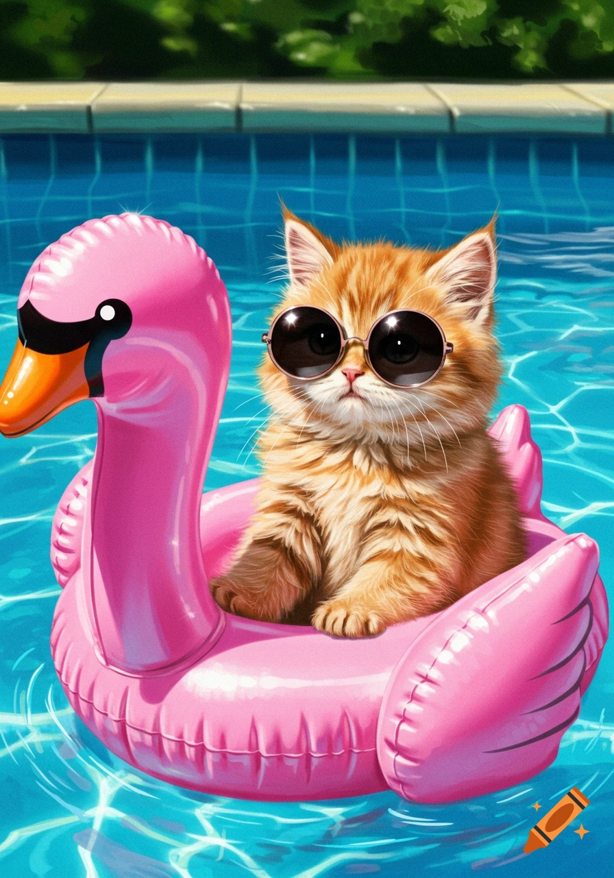 Cute kitten in sunglasses on a pink swan pool floatie in a swimming ...