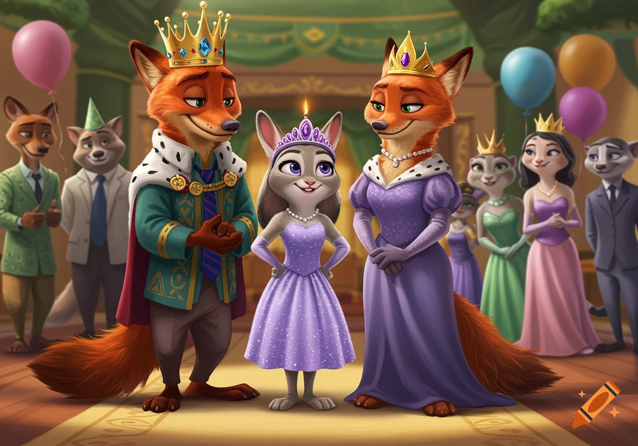 Fox king and queen with their rabbit princess in a royal room, wearing ...