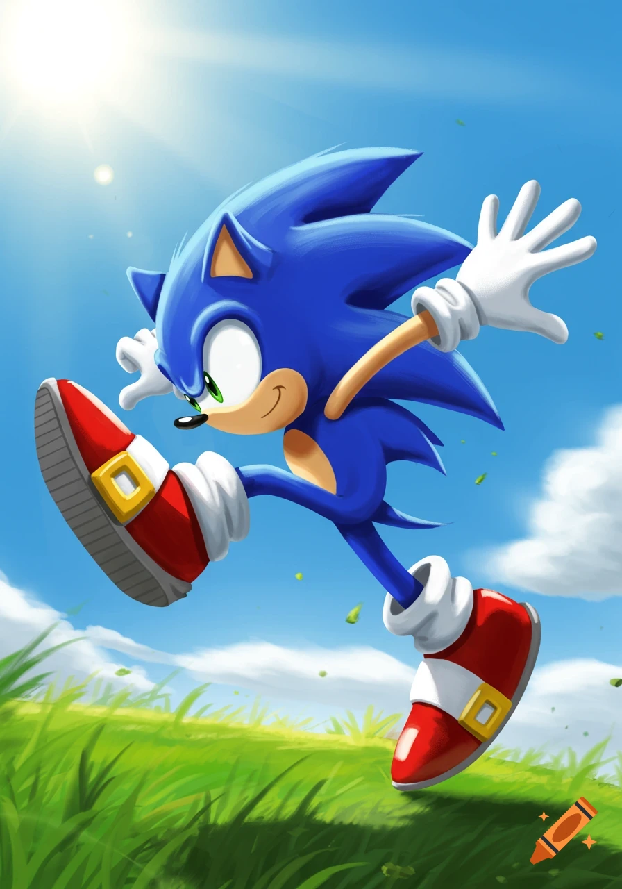 Sonic the Hedgehog jumps in a grassy field under a sunny sky ...
