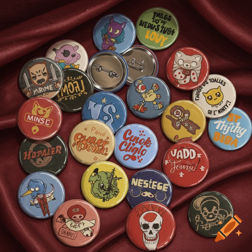 Collection of custom pin buttons featuring various cartoon characters ...