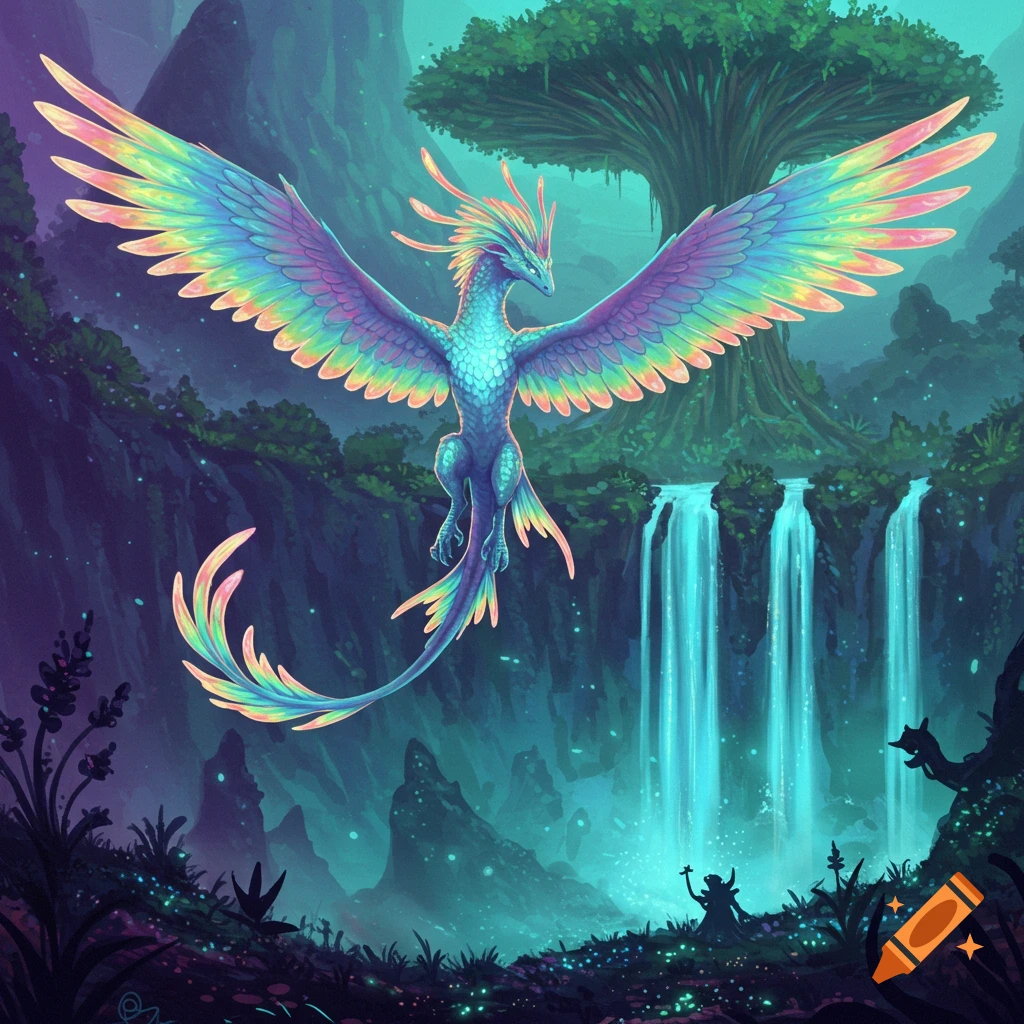 A brightly colored fantasy creature with rainbow wings flies above ...