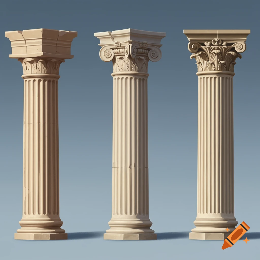 Three classical Greek or Roman columns: Doric, Ionic, and Corinthian ...