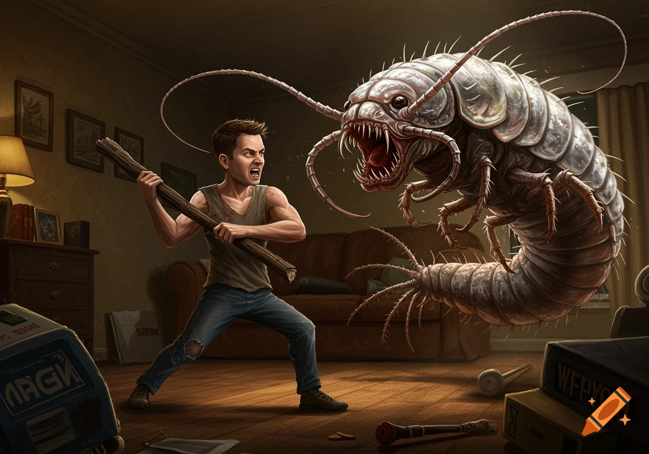 Man battles giant centipede-like creature in a living room, digital ...