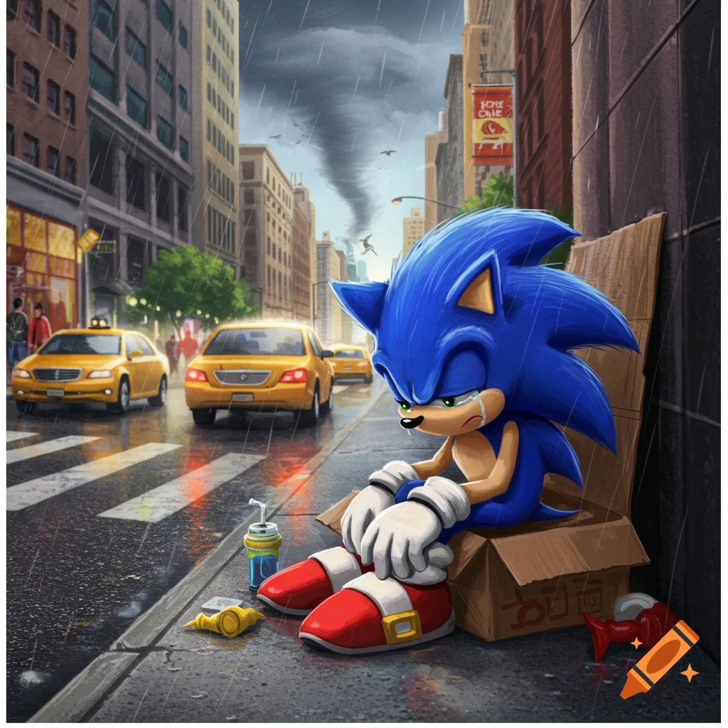 Sad Sonic the Hedgehog sits in a cardboard box on a wet city street in ...