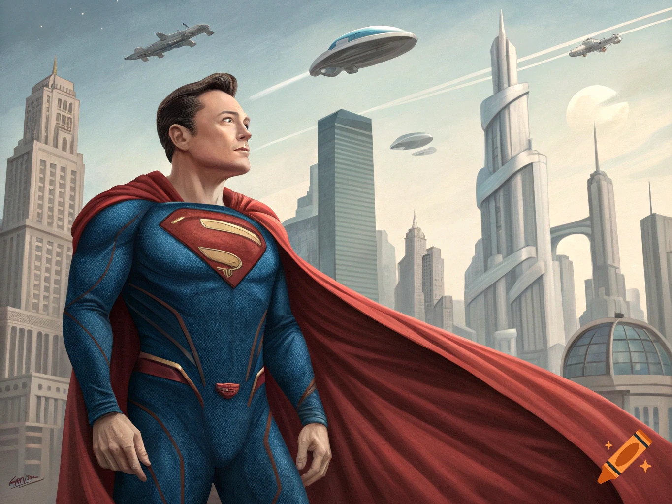 Elon Musk in a Superman costume stands in a futuristic city with flying ...