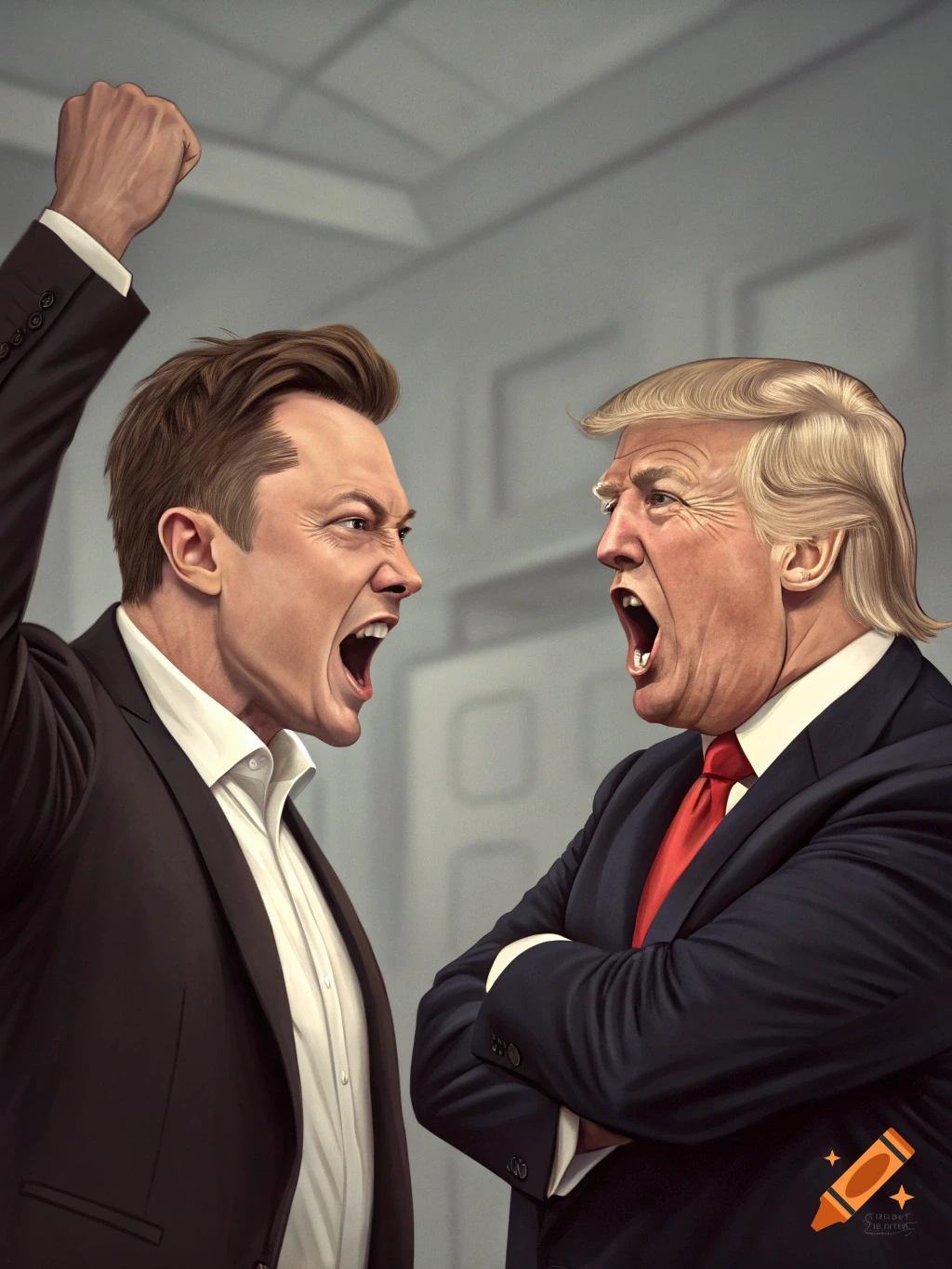 Cartoonish depiction of Elon Musk and Donald Trump screaming at each ...