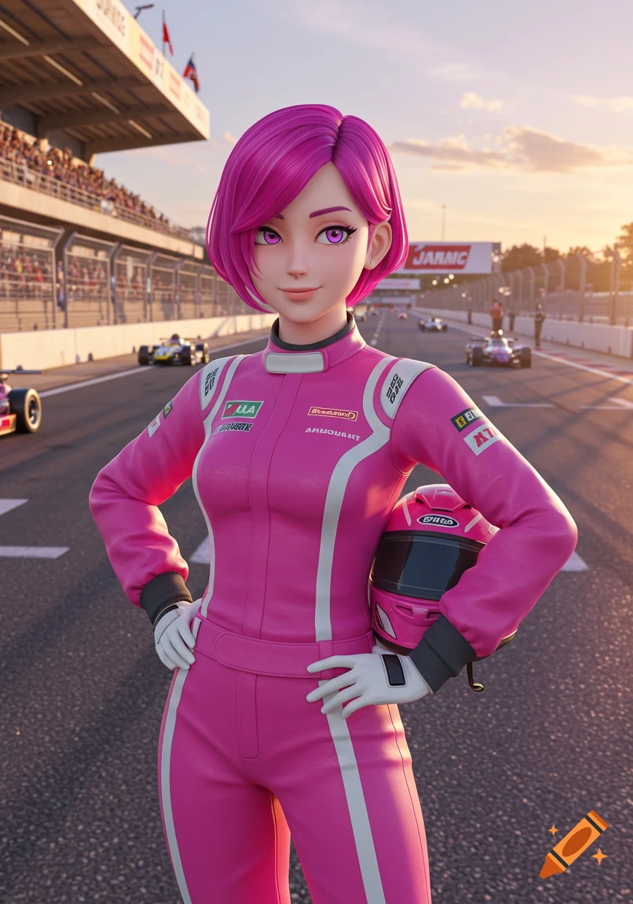 Anime character in a pink racing suit at a race track holding a helmet ...