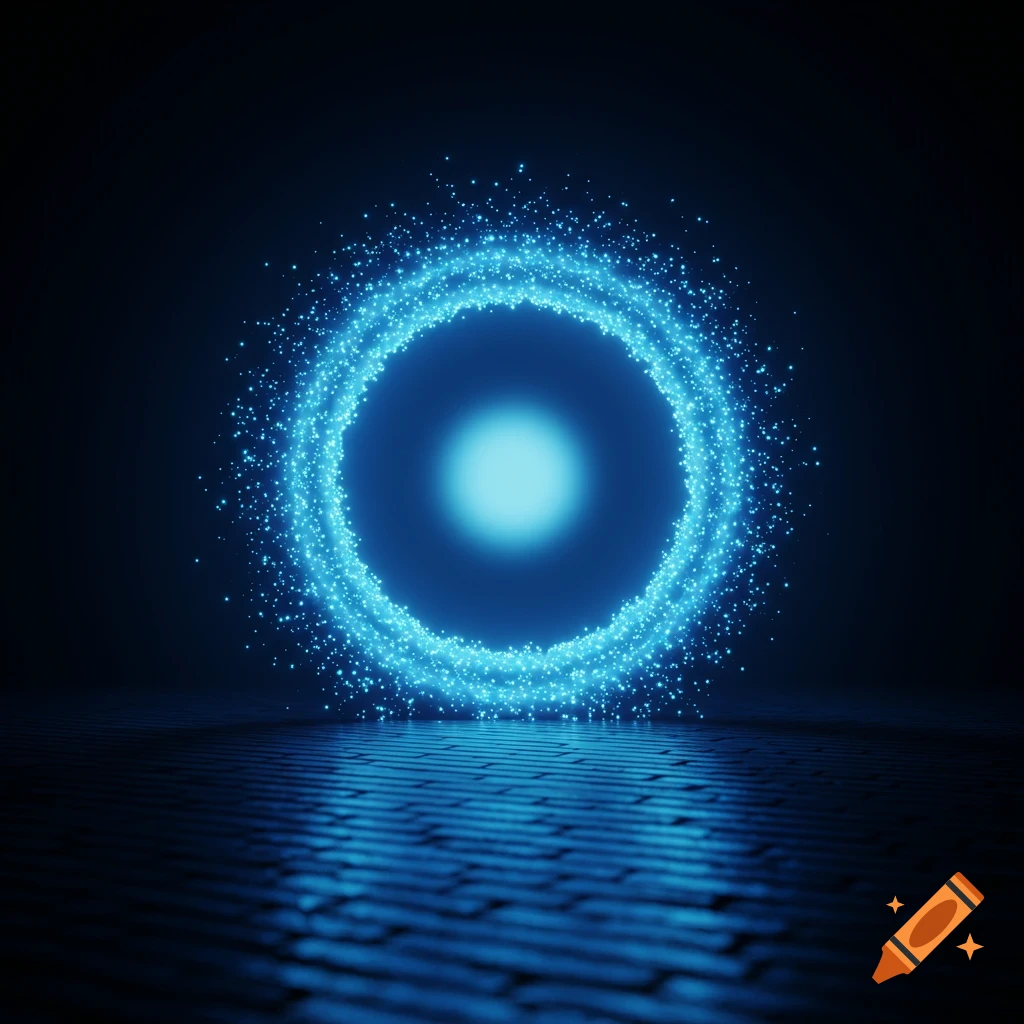 Glowing blue particle ring on a dark textured floor. on Craiyon