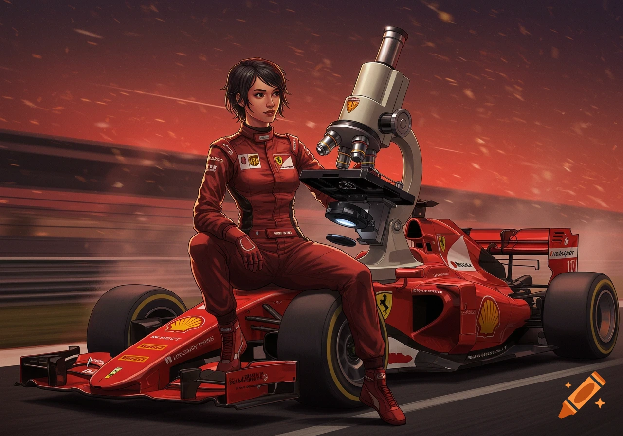 A woman in a red racing suit sits on a red Formula 1 car with a ...