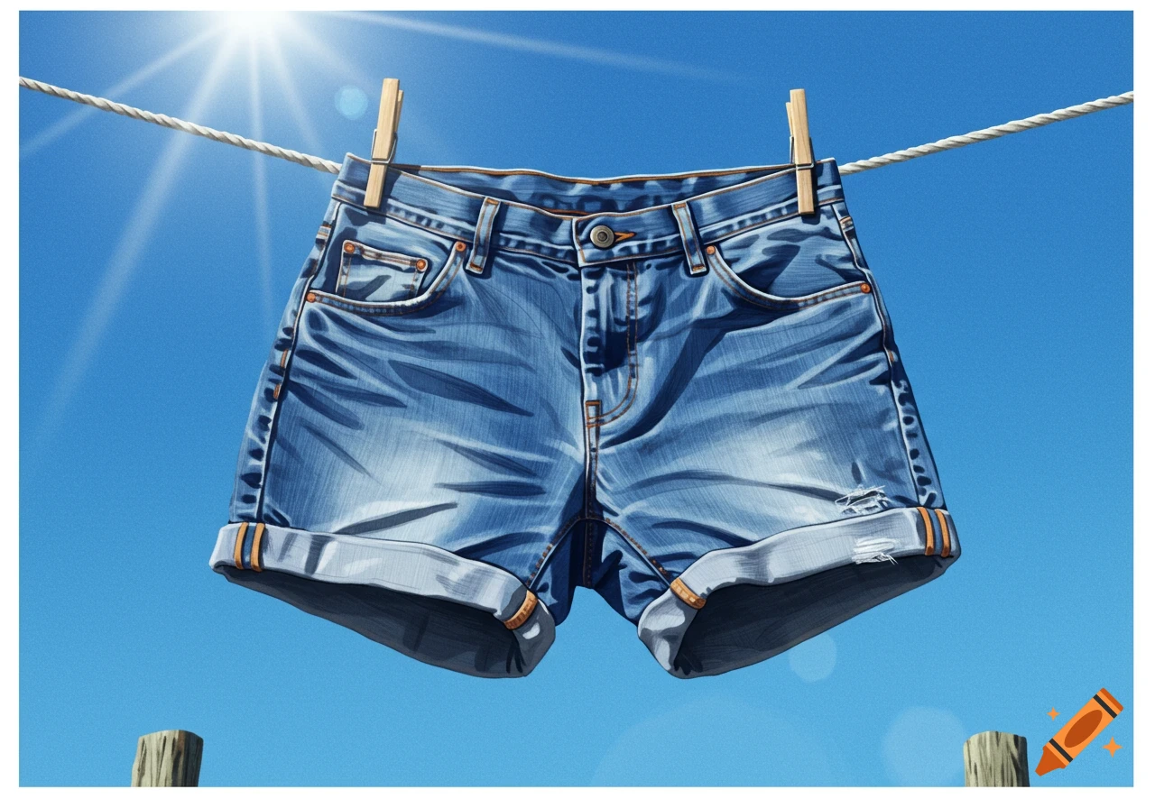 Blue denim shorts hang on a clothesline against a sunny blue sky ...