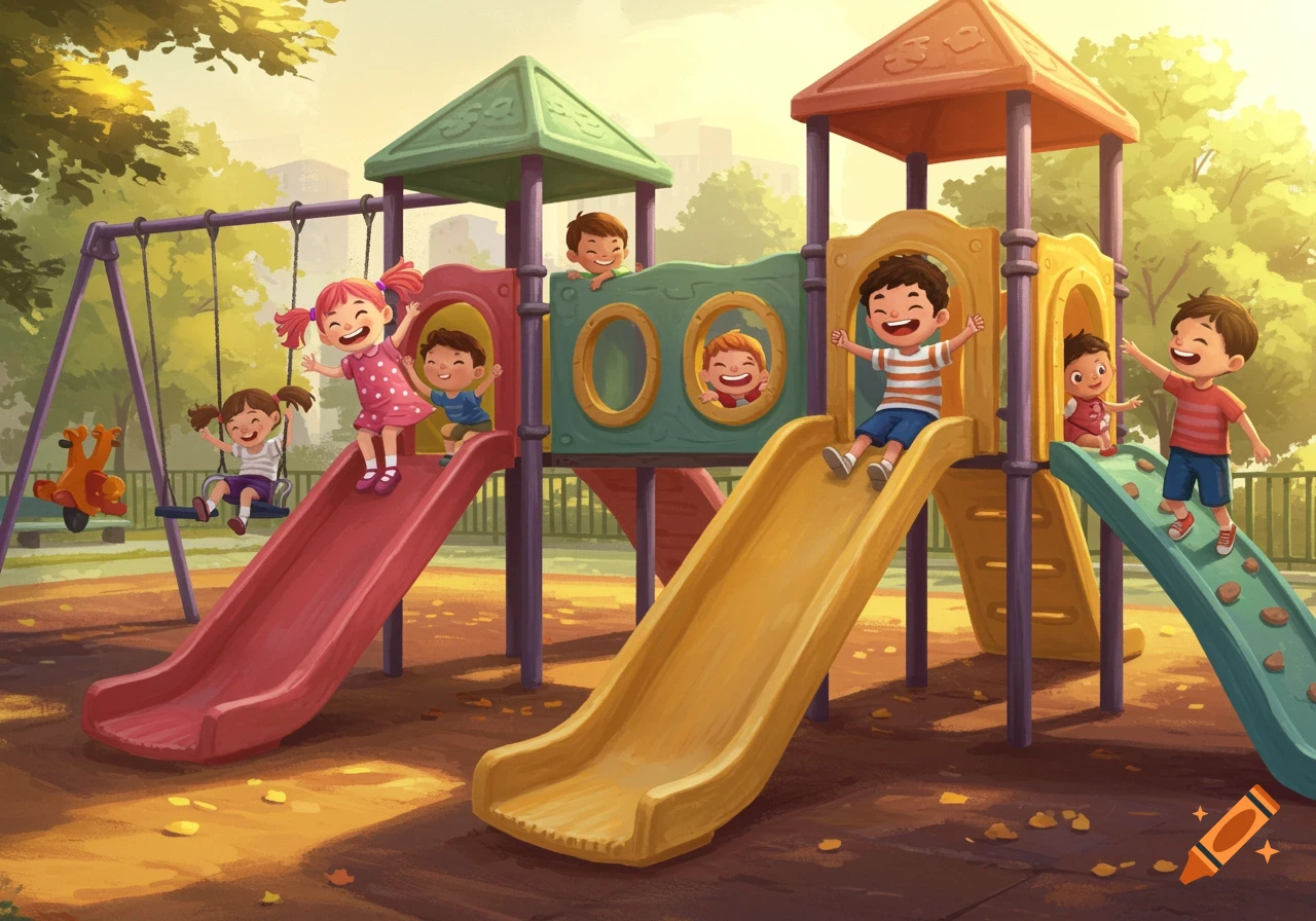 Digital illustration of happy children playing on slides and swings at ...