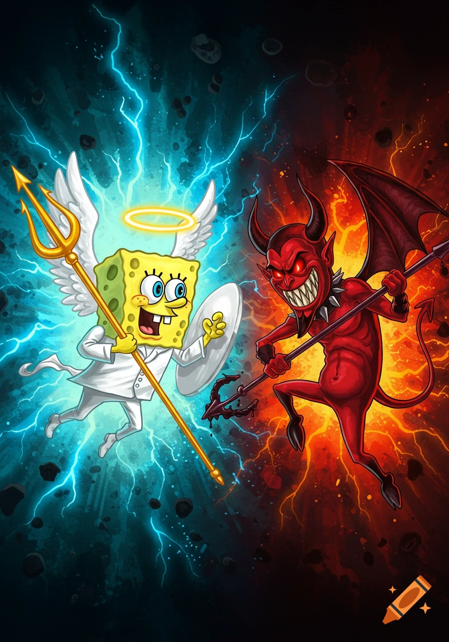 Cartoon illustration of Angel Spongebob fighting Devil Spongebob. on Craiyon