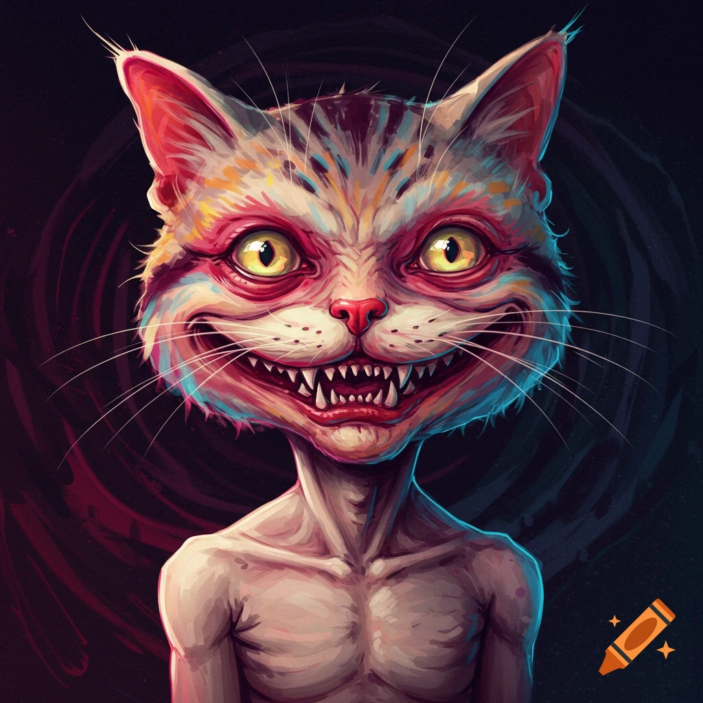 Stylized illustration of a monstrous cat creature with a human body. on ...