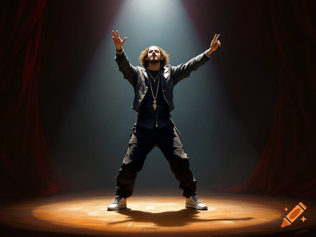 A man on stage in the spotlight with arms raised, styled as a modern ...