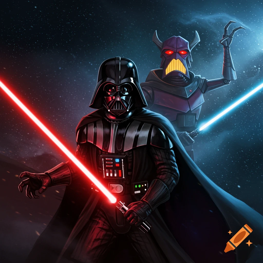 Illustration of Darth Vader dueling Emperor Zurg with lightsabers in ...