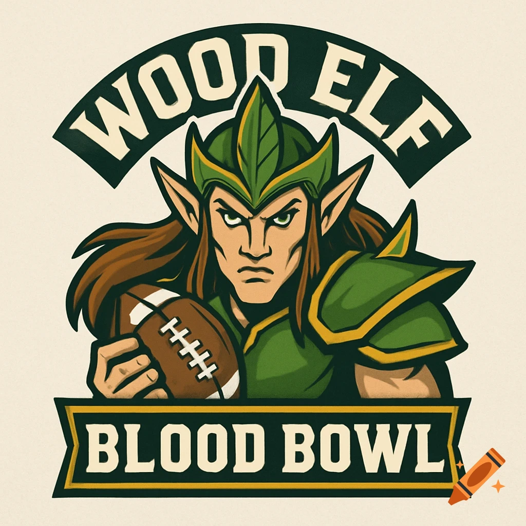 Wood Elf Blood Bowl team logo featuring an angry elf holding a football ...