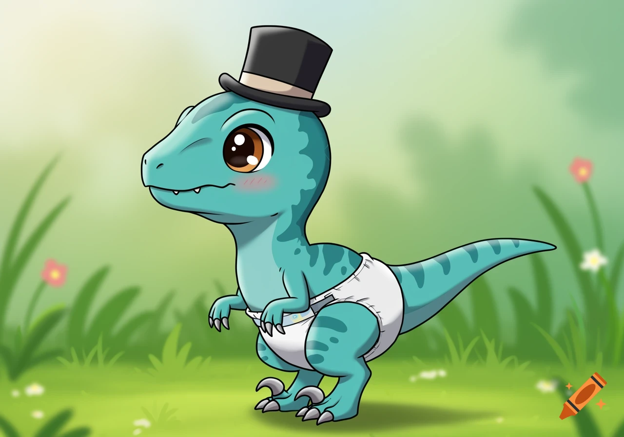 A cute chibi teal raptor wearing a top hat and diaper stands in grass ...