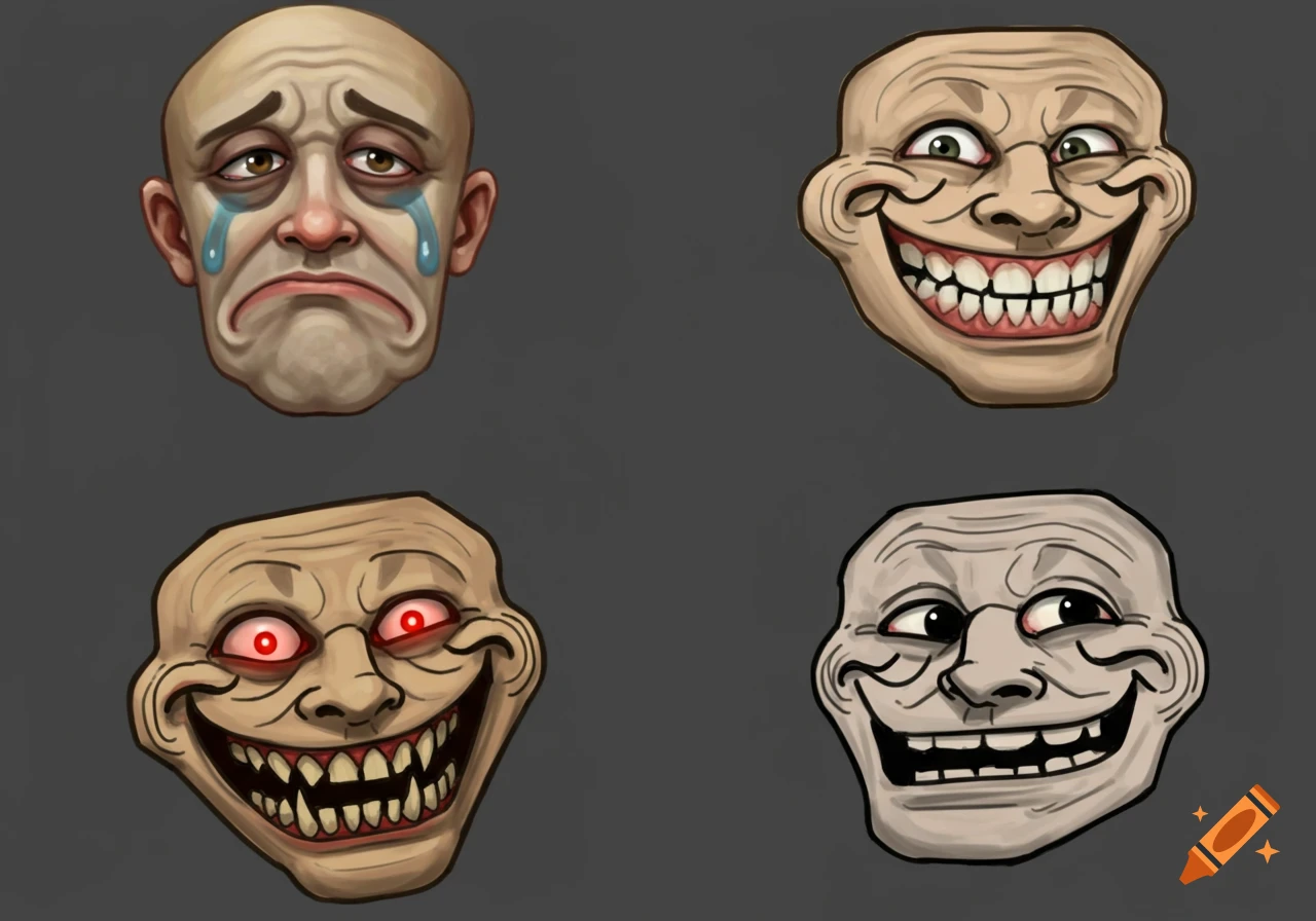 Four meme faces displayed side-by-side: sad, smiling, scary with red eyes, and smirking. on Craiyon