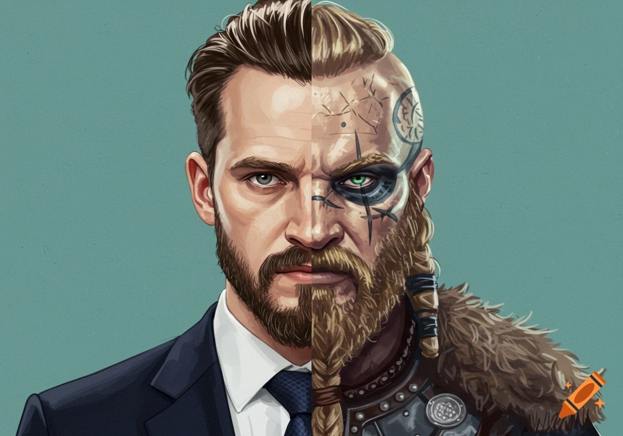 Split portrait of a man, one side a businessman in a suit, the other a ...