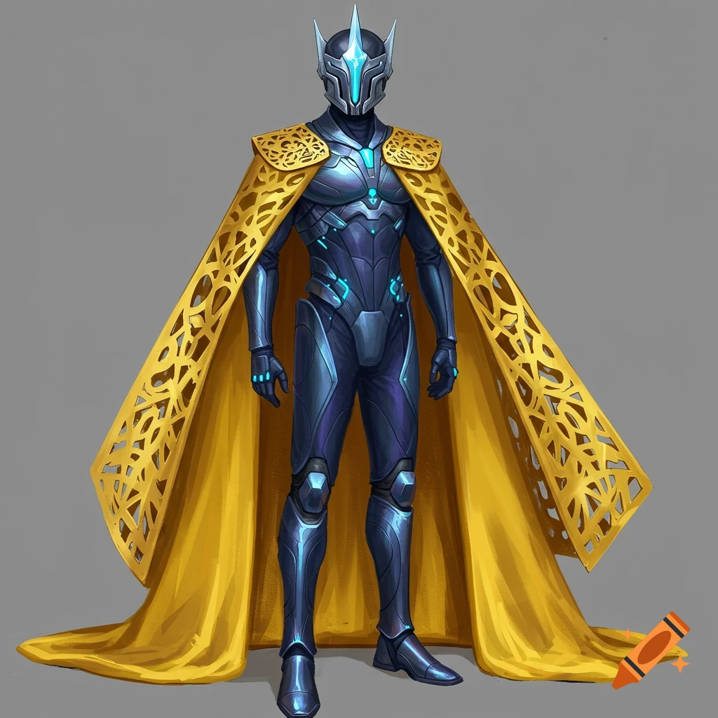 Futuristic figure in metallic blue armor and a large golden cape. on ...