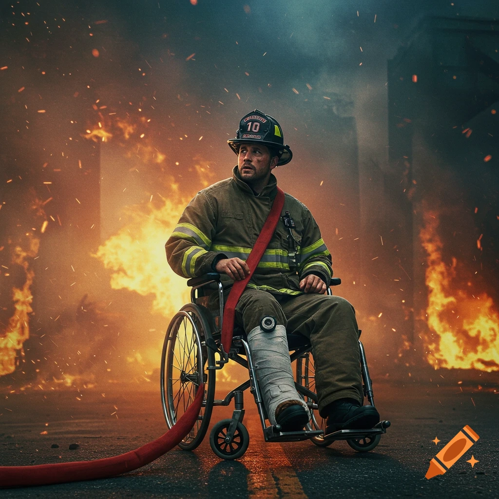 A photorealistic firefighter in a wheelchair with a leg cast holds a ...