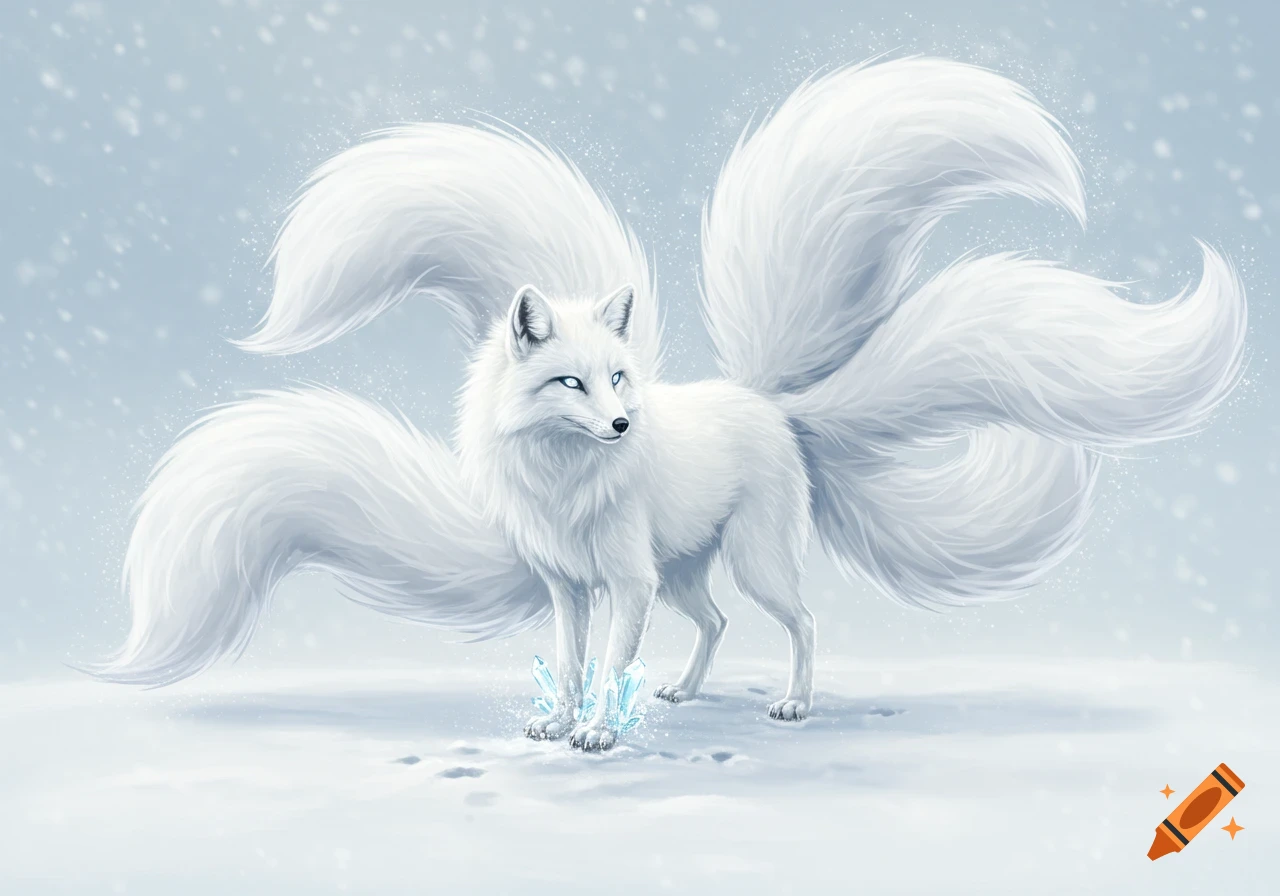 A white multi-tailed fox with glowing blue eyes and crystal claws ...