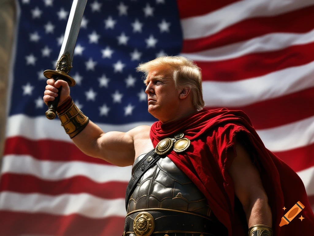 Photorealistic image of Donald Trump in Roman armor holding a sword in ...