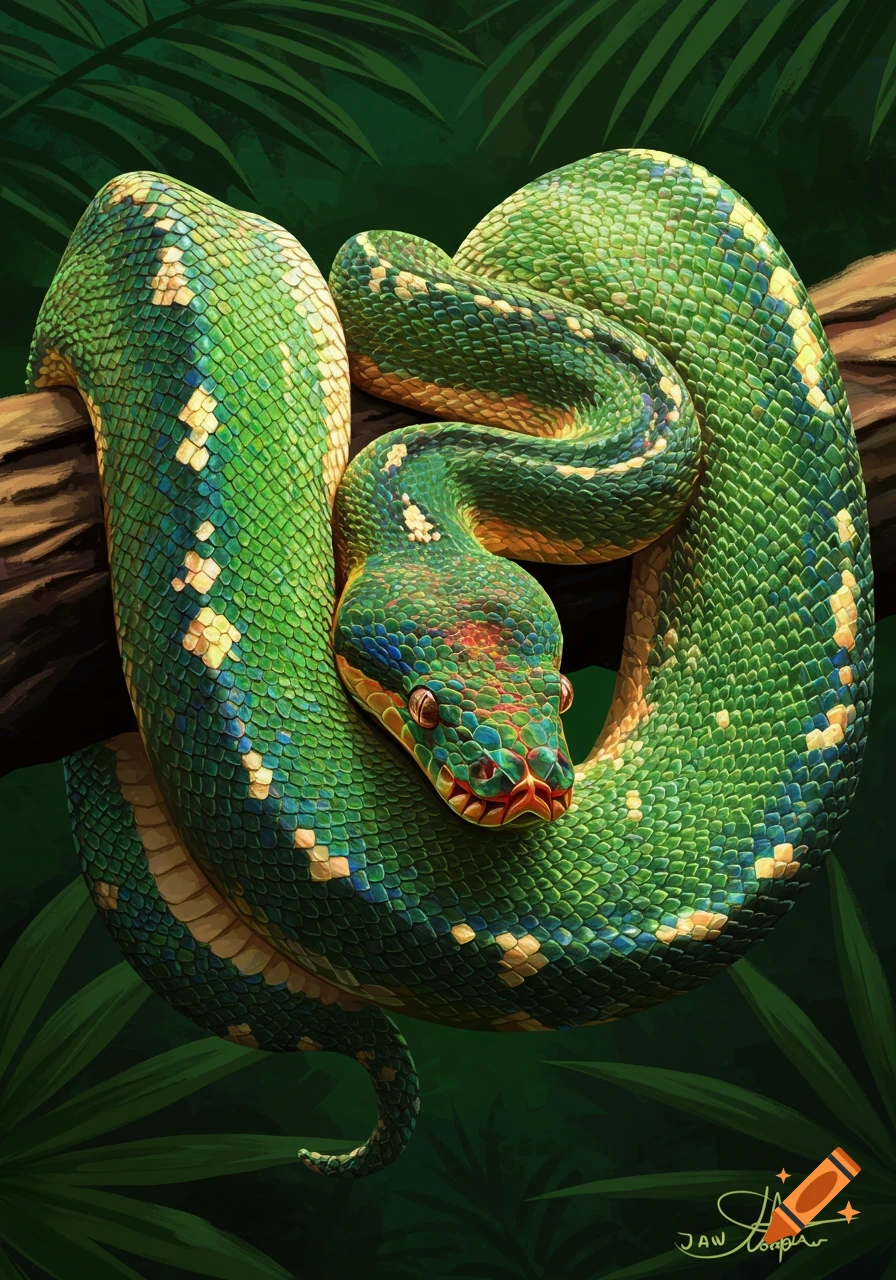 A green tree boa wrapped around a branch in a lush jungle setting ...