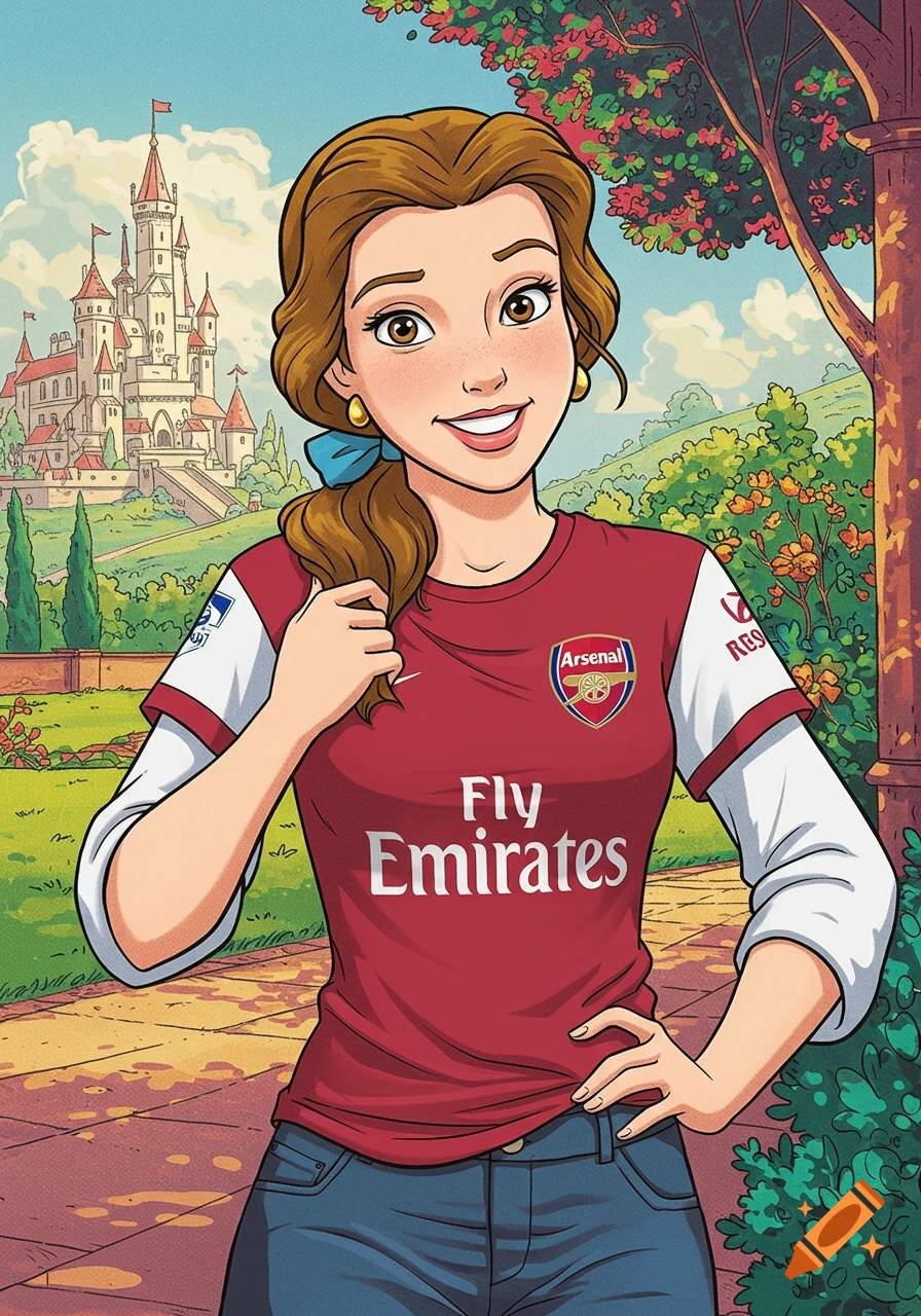 Cartoon princess Belle wearing an Arsenal football shirt stands in a ...