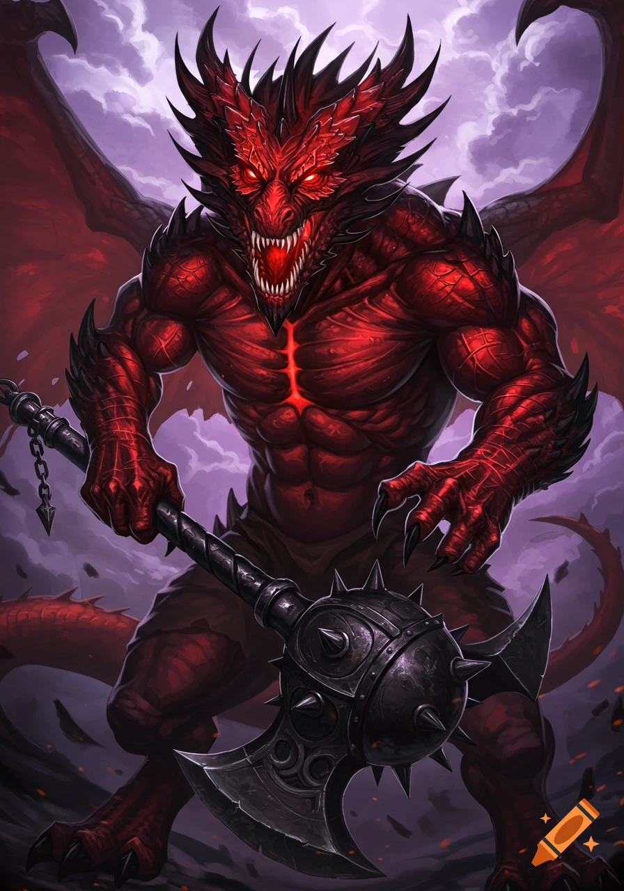 Muscular red fantasy creature with glowing eyes and sharp teeth holding ...