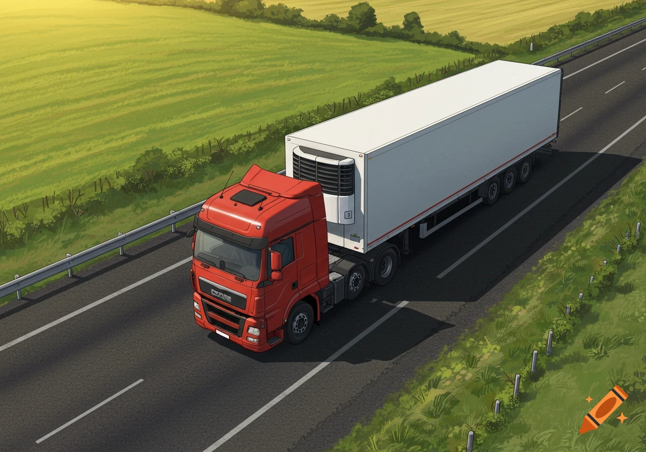 An overhead illustrative view of a red truck and white trailer driving ...