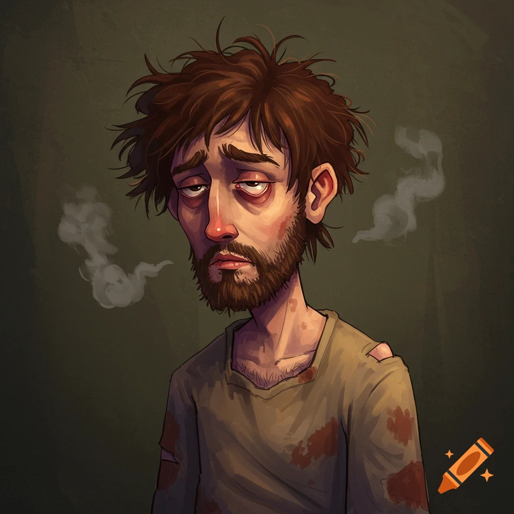 Illustration of a dishevelled, sad-looking man with messy hair, beard ...
