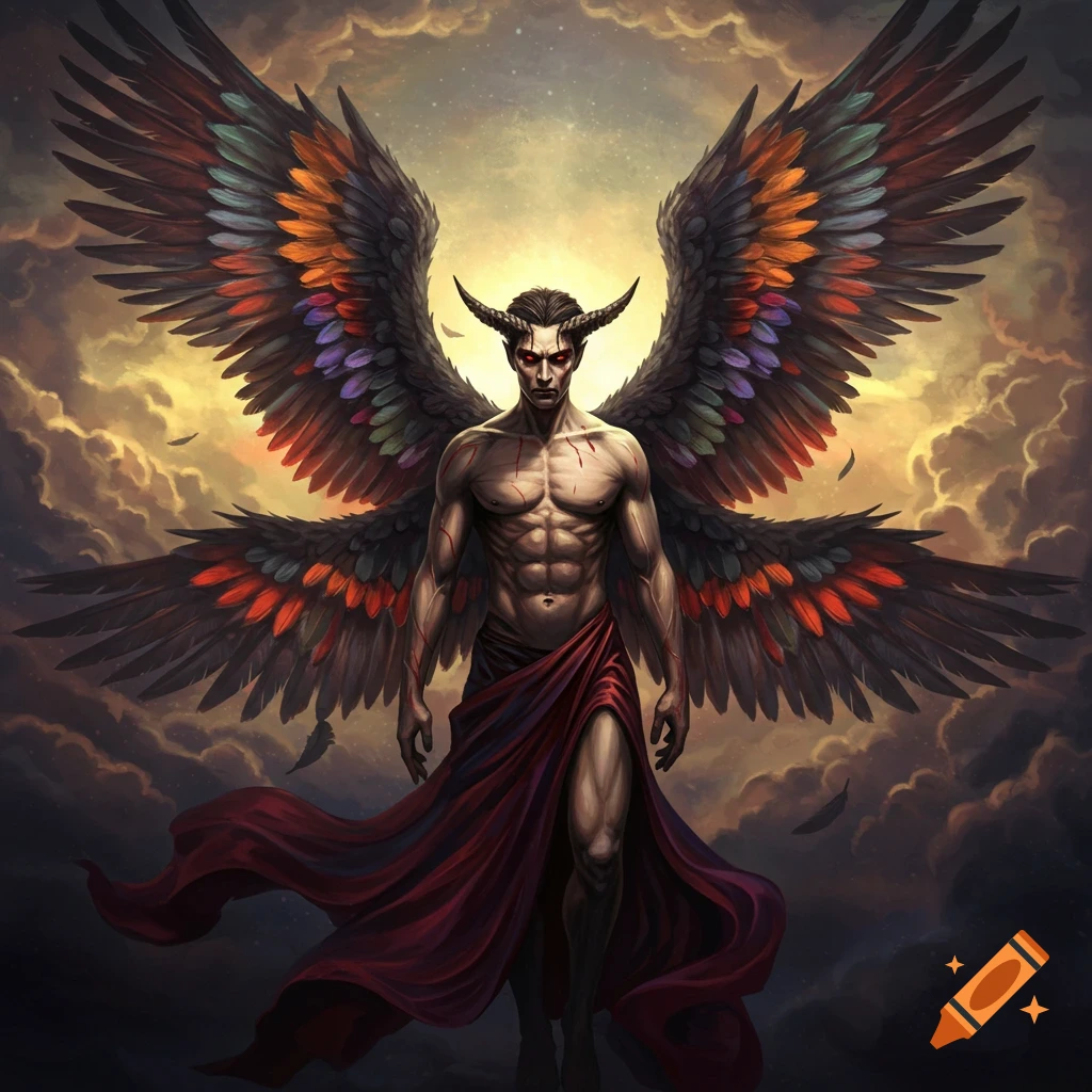A powerful figure with horns and large, colorful wings stands against a ...