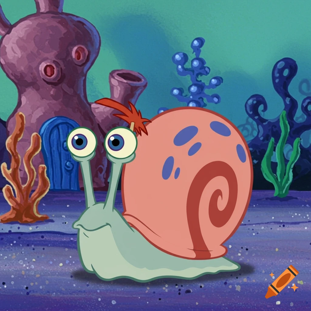 A cartoon of Gary the snail in an underwater scene. on Craiyon