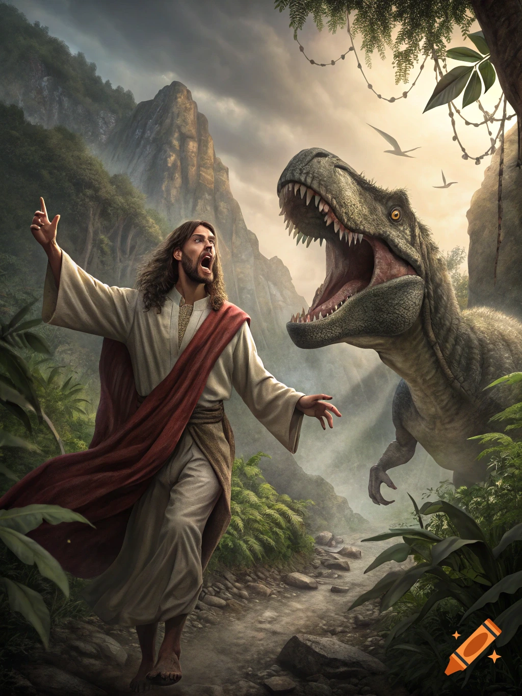 Jesus stands defiant against a roaring Tyrannosaurus Rex in a lush ...