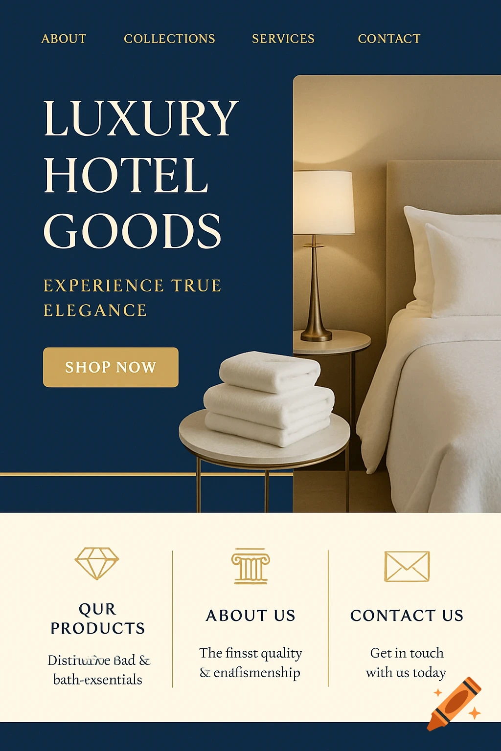 Website homepage layout for luxury hotel goods featuring text, icons ...