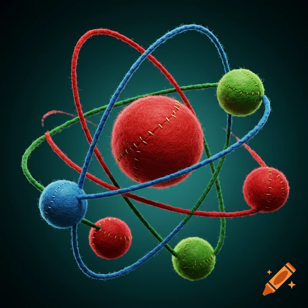 Felt toy model of an atom with stitched red nucleus and orbiting ...