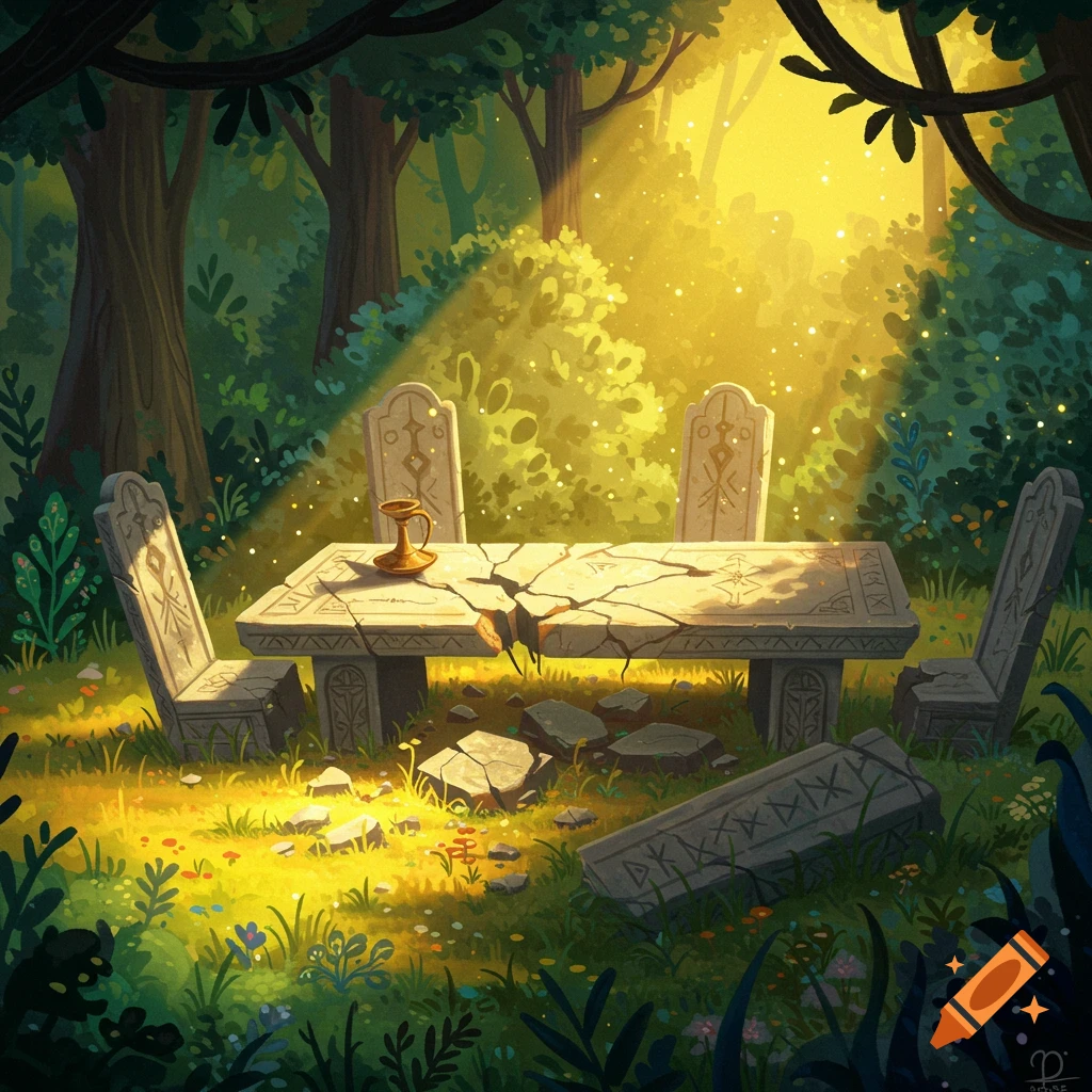 An illustration of a broken stone table and chairs in a sunlit forest ...