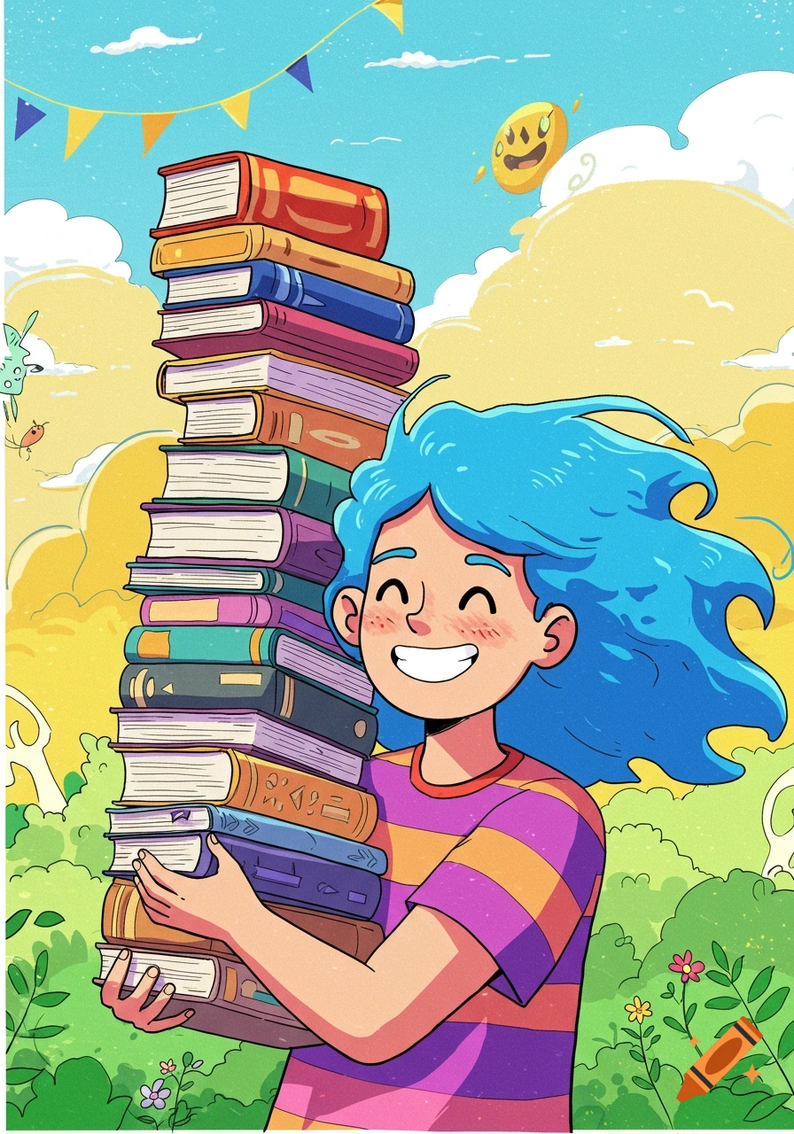 Cartoon illustration of a person happily carrying a tall stack of ...