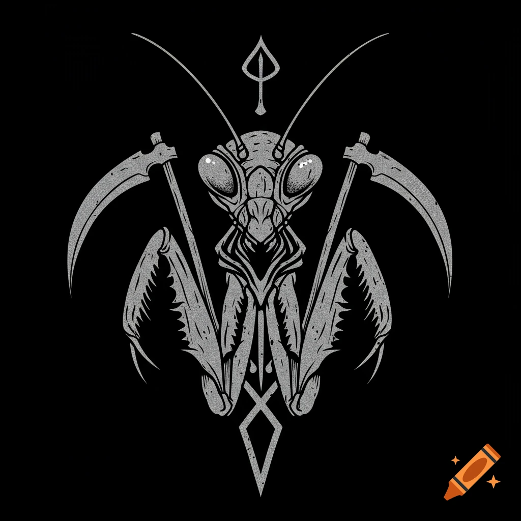 Black and white stylized praying mantis symbol with scythe-like ...