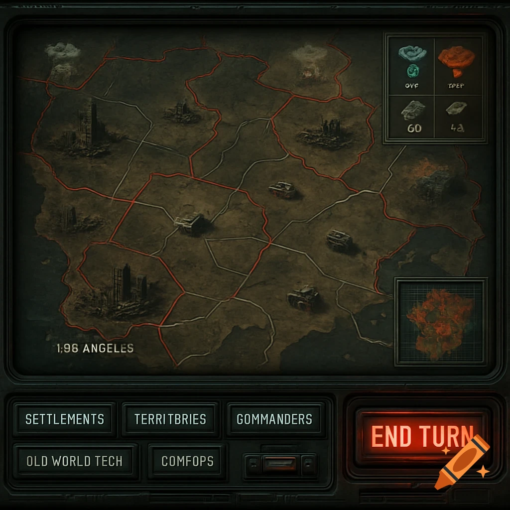 Strategy game user interface screen showing a post-apocalyptic map and ...