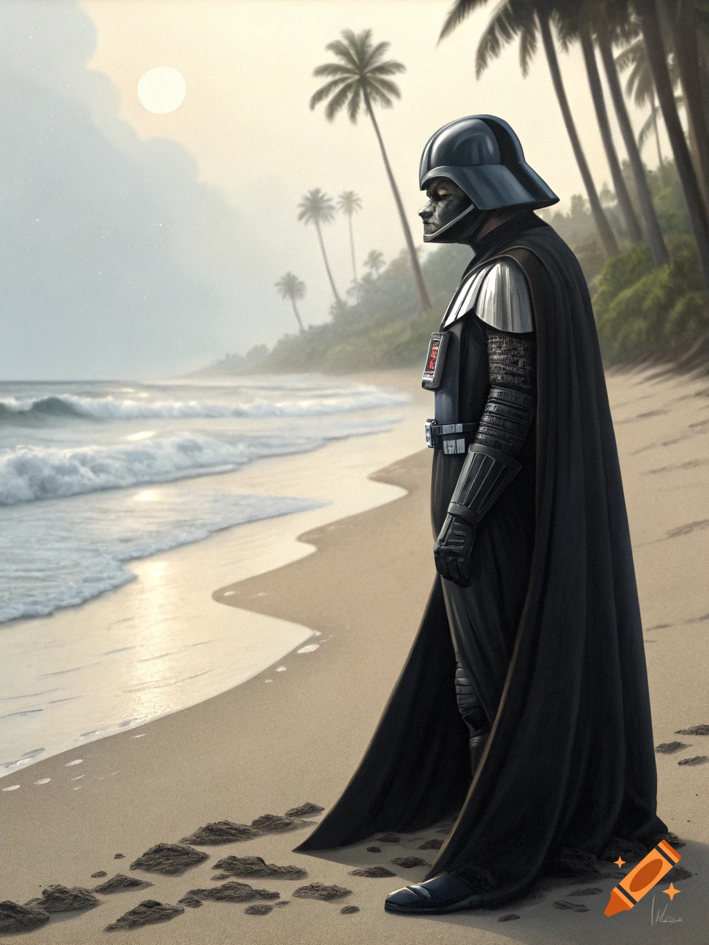Darth Vader stands on a beach looking out at the ocean. on Craiyon