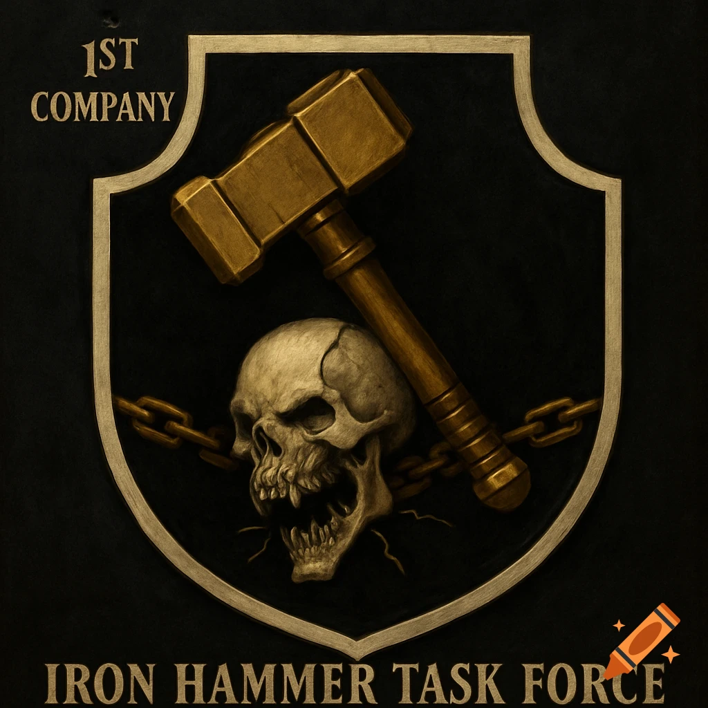 A shield bearing a skull, hammer, and chain with '1ST COMPANY' and ...