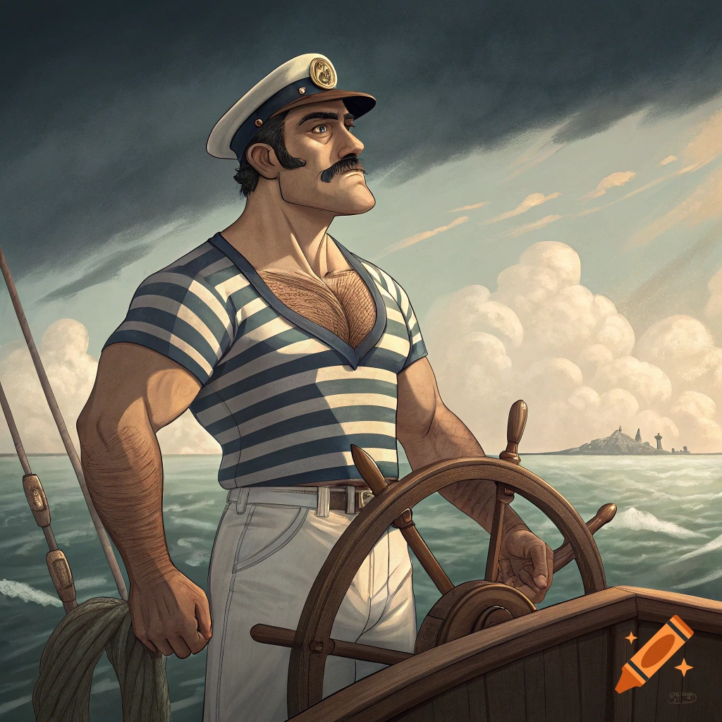 Illustrative portrait of a muscular man in a captain's hat and striped ...