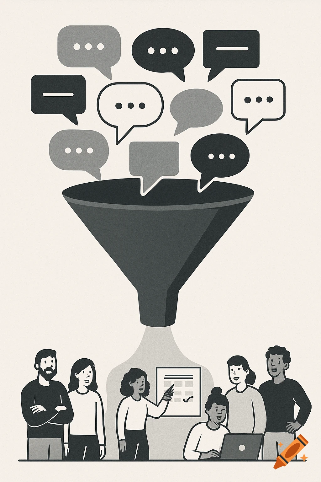 Illustration of speech bubbles flowing into a funnel towards a project ...