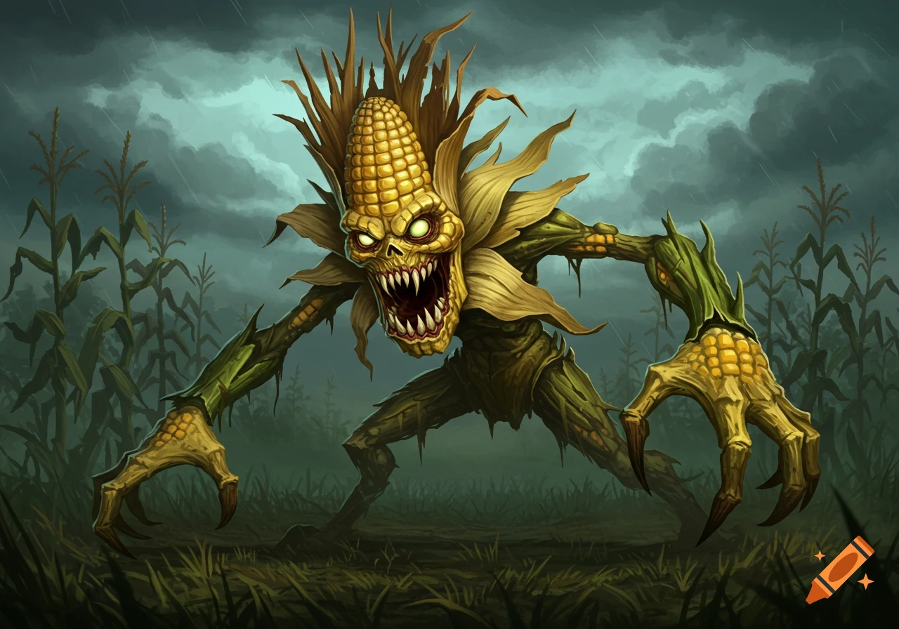 A scary corn monster stands in a cornfield under a dark, stormy sky. on ...